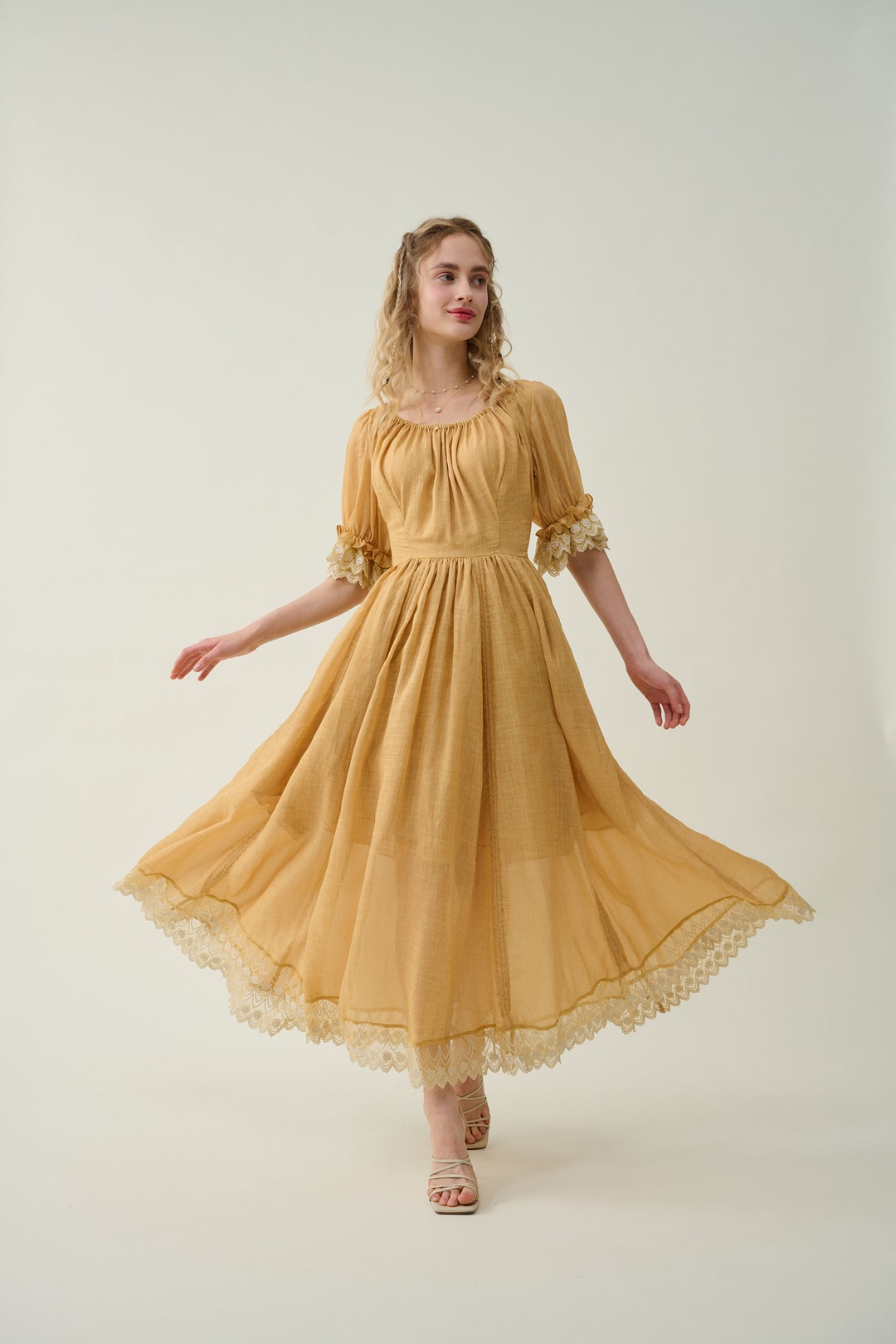 Ruffle Linen Lace Dress in Mustard, Medieval Dress, Victorian Dress ...