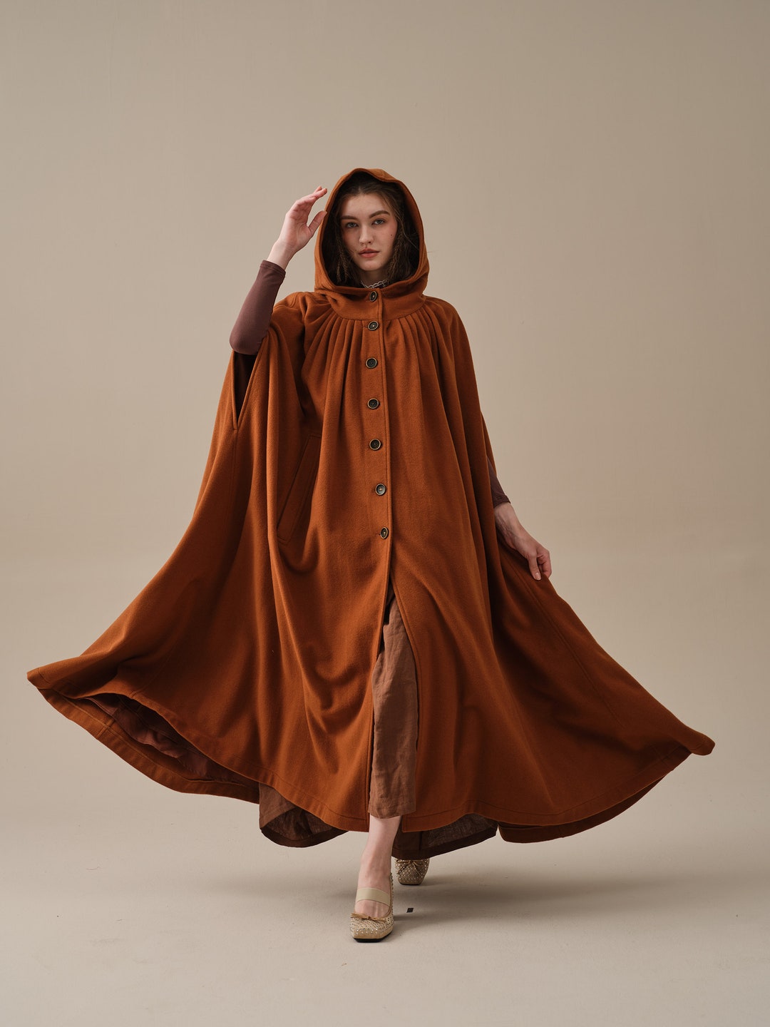 Hooded Wool Cloak Coat in Brown, Maxi Hooded Wool Cloak, Renaissance ...