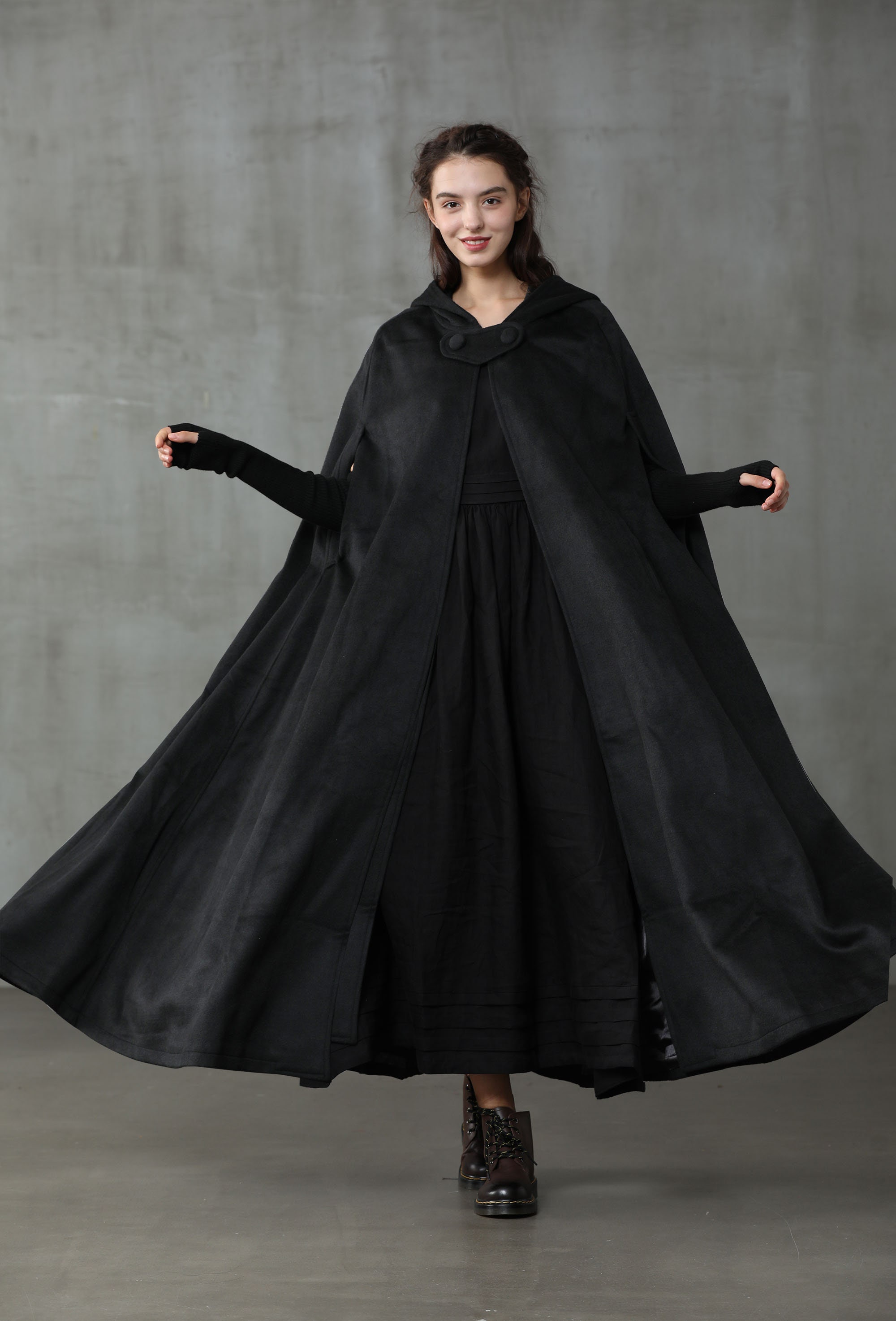 Black Hooded Wool Coat Cloak, Maxi Hooded Wool Coat Cloak, Maxi Cape ...