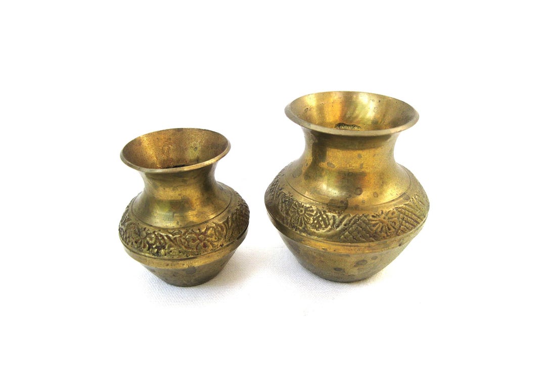 Engraved Brass Miniature Vases Set of Two Vintage Indian Decor - Etsy