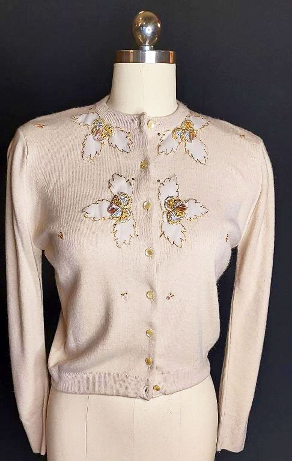 Vintage Styled by Apollo Sweater With Gold Metallic Trimmed Leaves With ...