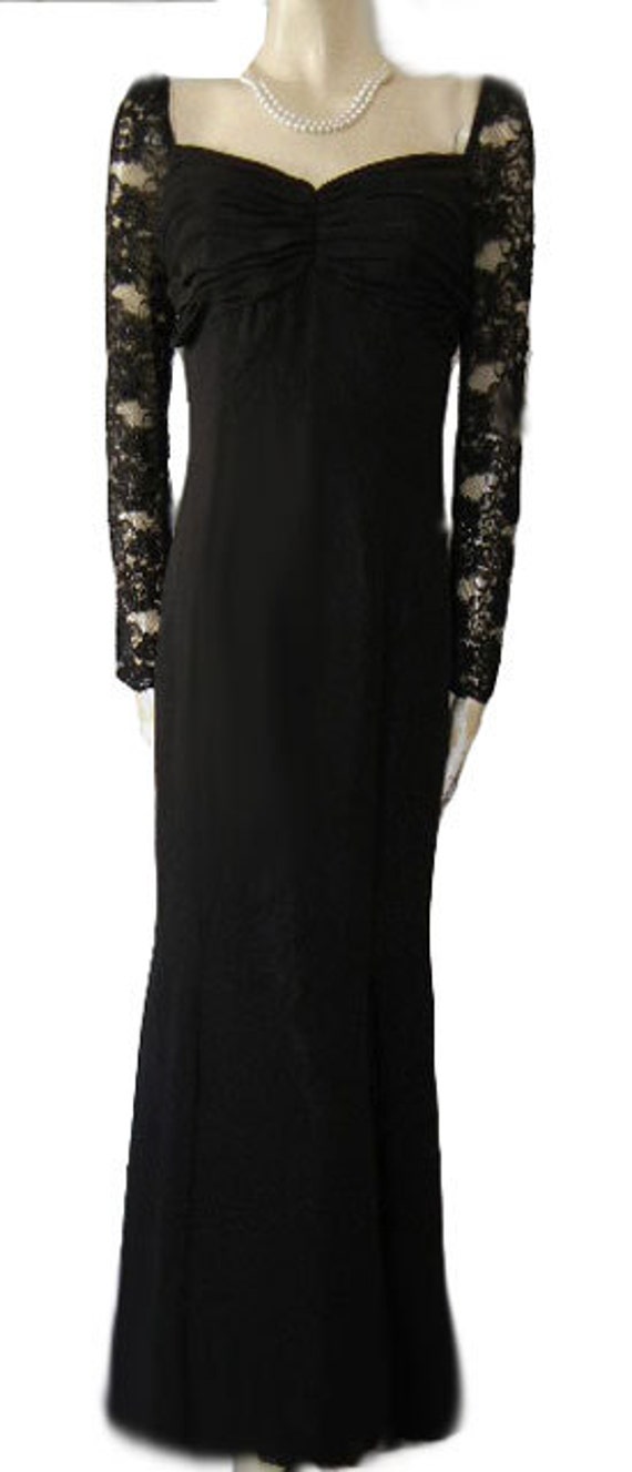 Vintage Chantilly Lace Evening Gown: Jet Black Sequin… - Gem