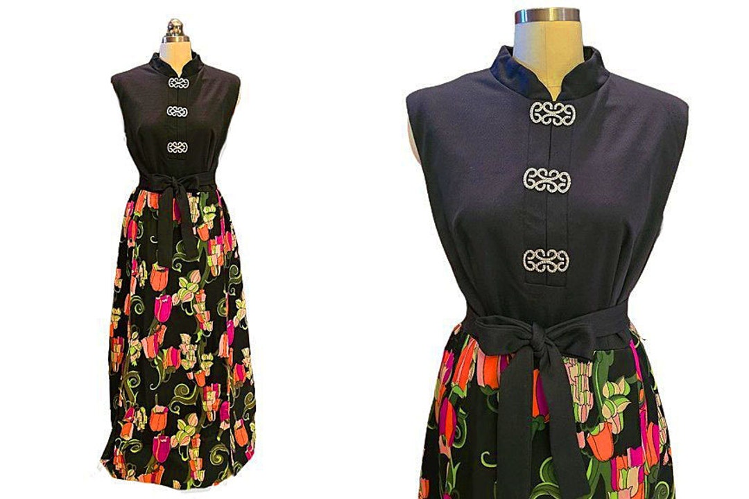 Vintage Black and Floral Evening Gown in Gorgeous Colors With Metal ...