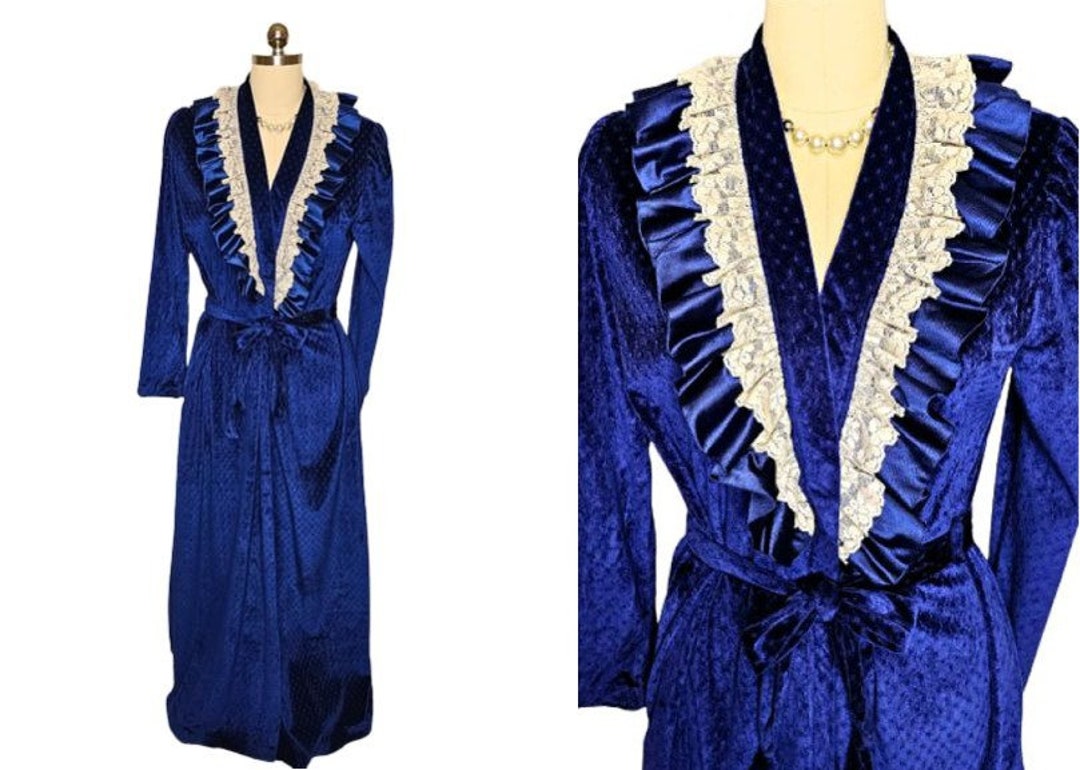 Vintage Annie Velour Wrap Robe Dressing Gown in Sapphire With Ivory ...