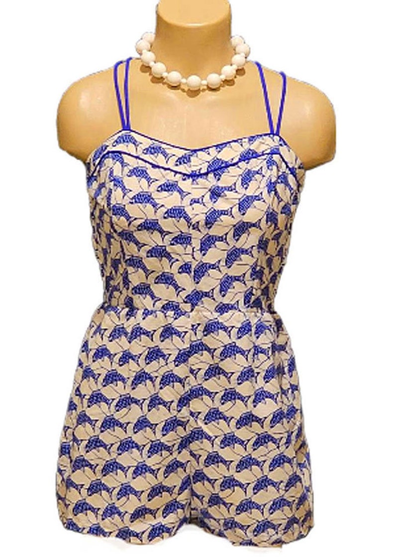 Vintage Elizabeth Stewart Blue Fish Boy Cut Suit Swimsuit Romper With ...