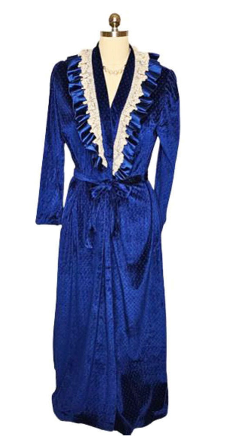 Vintage Annie Velour Wrap Robe Dressing Gown in Sapphire With Ivory ...