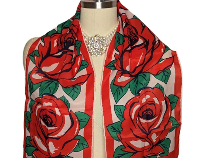 Vintage Gorgeous Red Roses Silk Scarf Perfect Gift for Valentines Day ...
