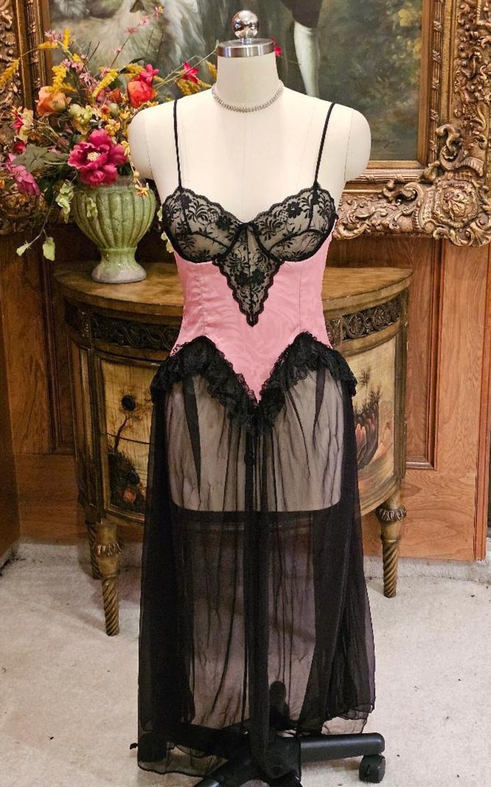 Vintage Bustier Nightgown Black Lace Rose Jacquard Underwire Sheer ...