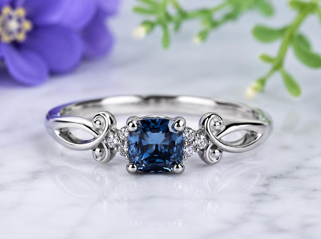 Cushion Cut Blue Sapphire Diamond Ring, Vintage Sterling Silver ...