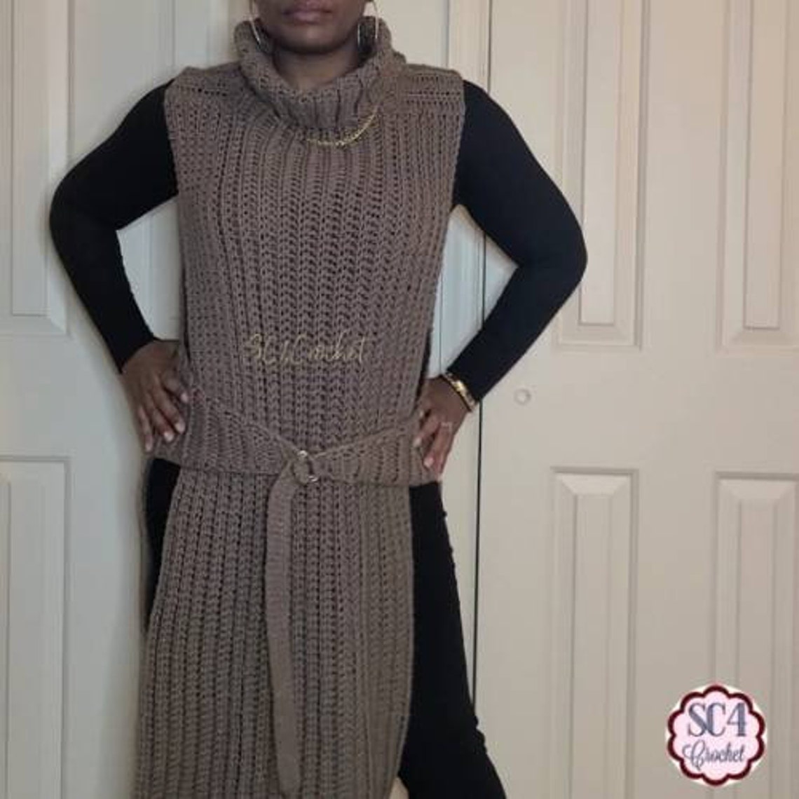 Belted Smock Sweater - Long Turtleneck Open-sided Sweater With Attached ...