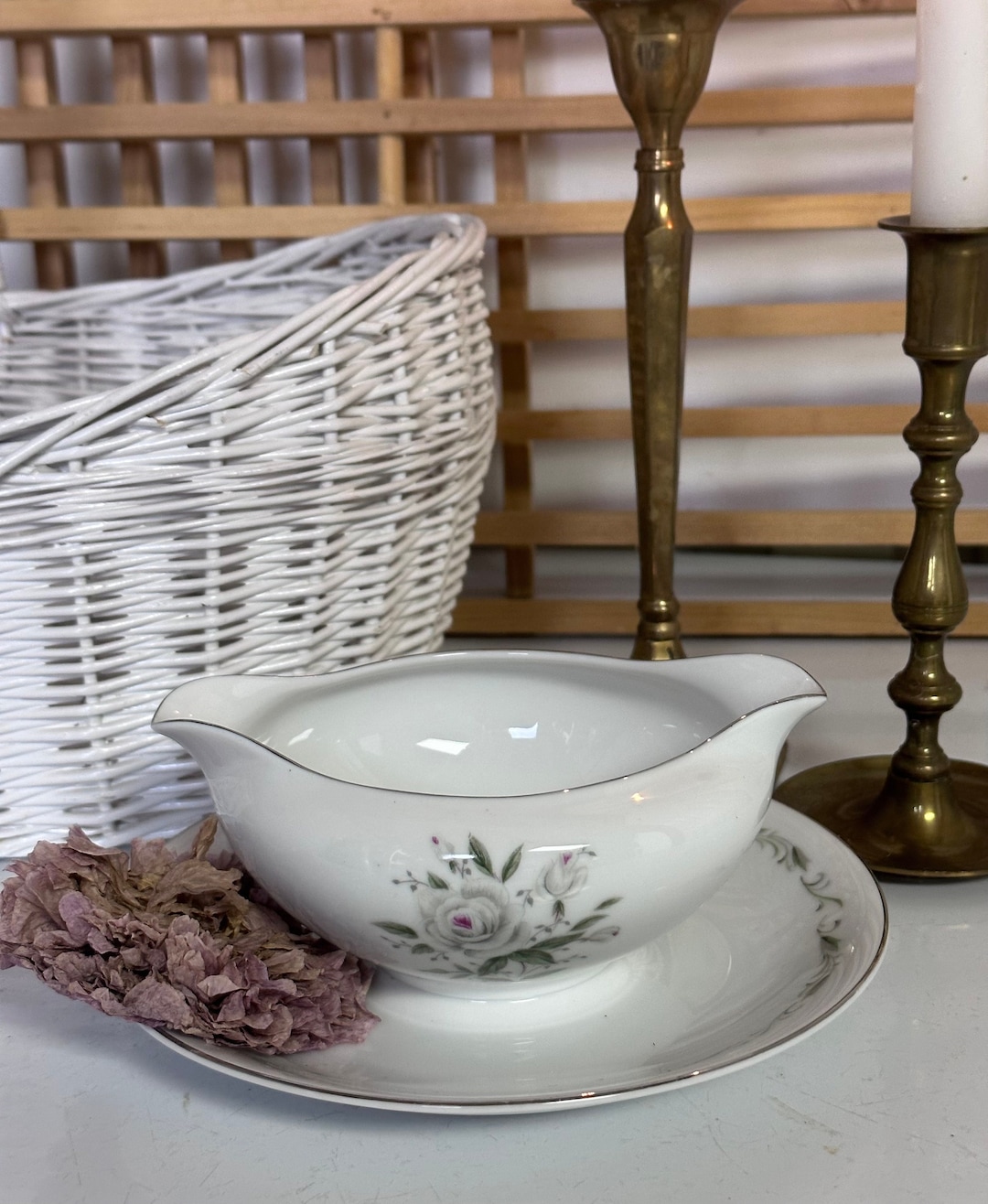 Vintage Diamond China Gravy Boat Attached Drip Plate / Floral Pattern ...