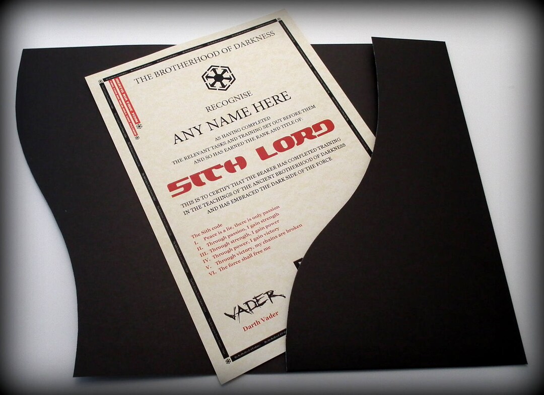 Sith Lord Certificate in a Luxury Presentation Folder Personalised With ...
