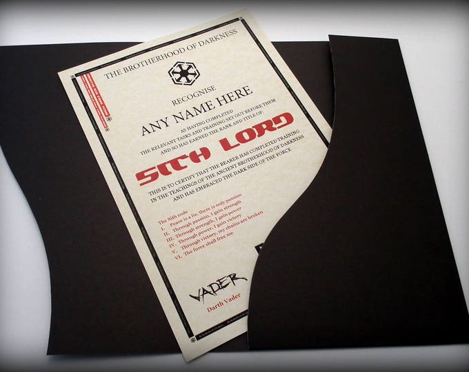 Sith Lord Certificate in a Luxury Presentation Folder Personalised With ...
