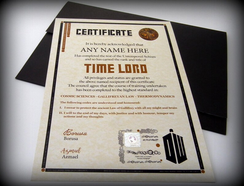 Doctor Who Time Lord Certificate in a Luxury Presentation Folder ...