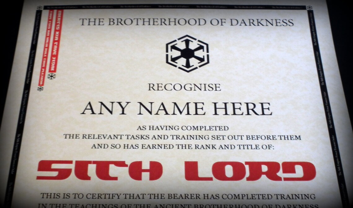 Deluxe Sith Lord Certificate in a Luxury Gift Box - Etsy