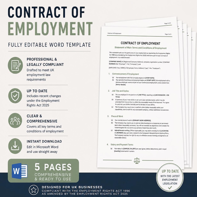 UK Employment Contract Template | Editable Word Document | Updated 2026 ...