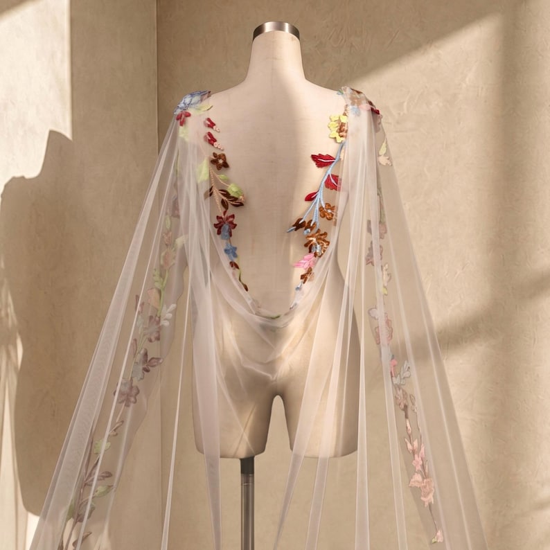 VO10 Multicolor Floral Embroidered Cape, Cowl Back Wedding Shoulder ...