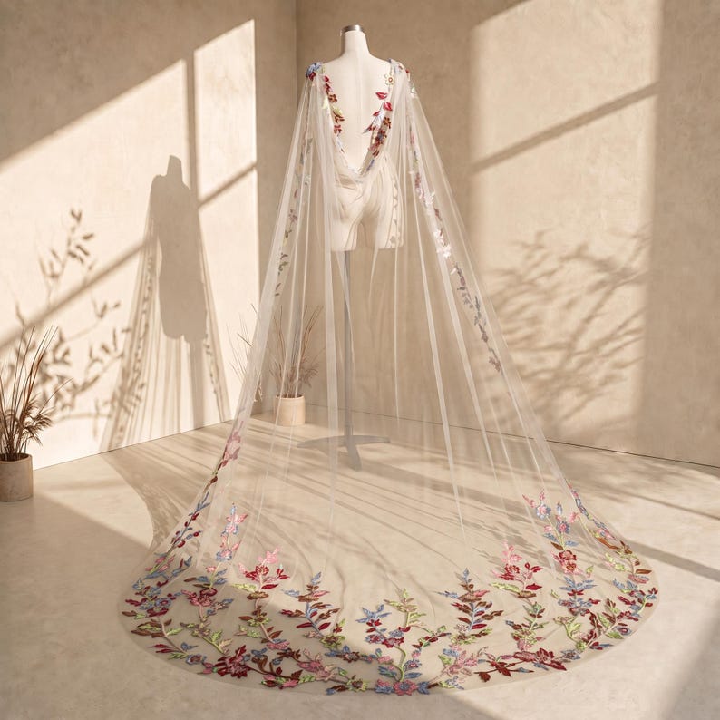 VO10 Multicolor Floral Embroidered Cape, Cowl Back Wedding Shoulder ...