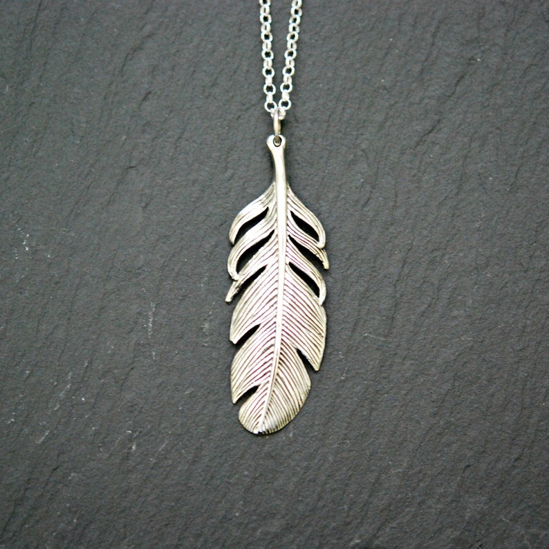 Sterling Silver Feather Necklace Large Feather Pendant - Etsy