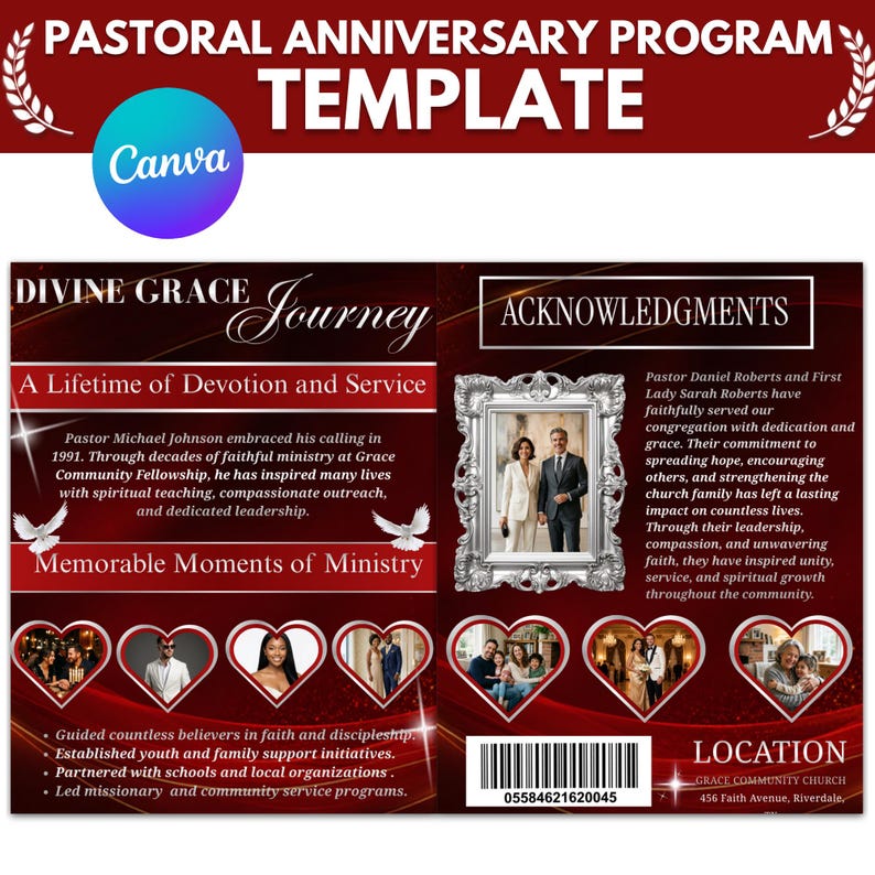 4 Page Pastoral Anniversary Program Canva Template, Bifold Church ...