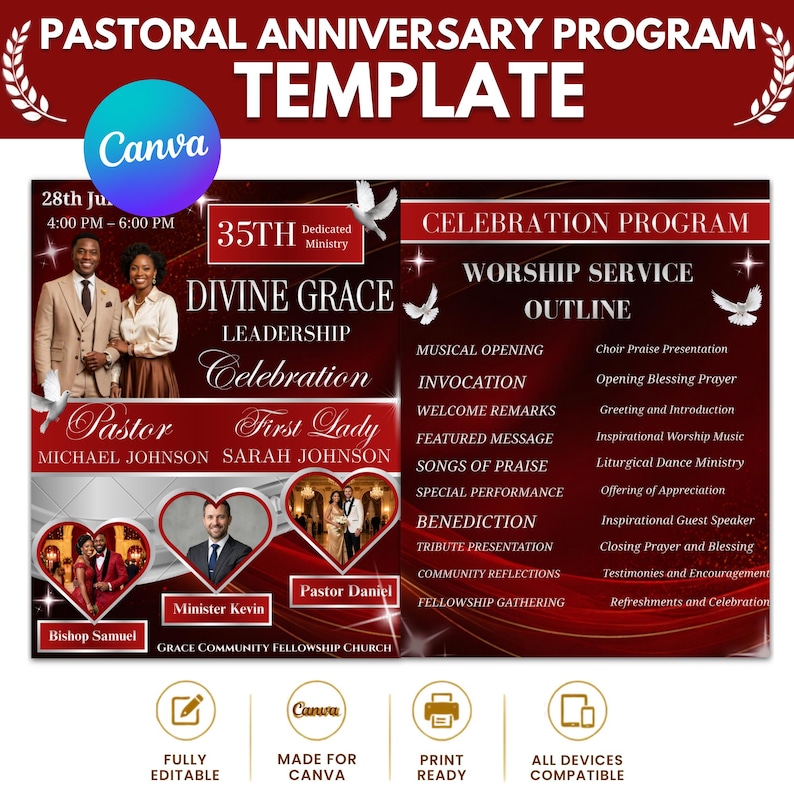 4 Page Pastoral Anniversary Program Canva Template, Bifold Church ...