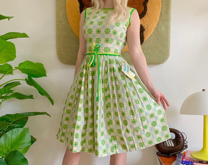Deadstock 1950s Lemon Lime Checkered Sun Dress // XXS 23 // Mod 50s 60s ...