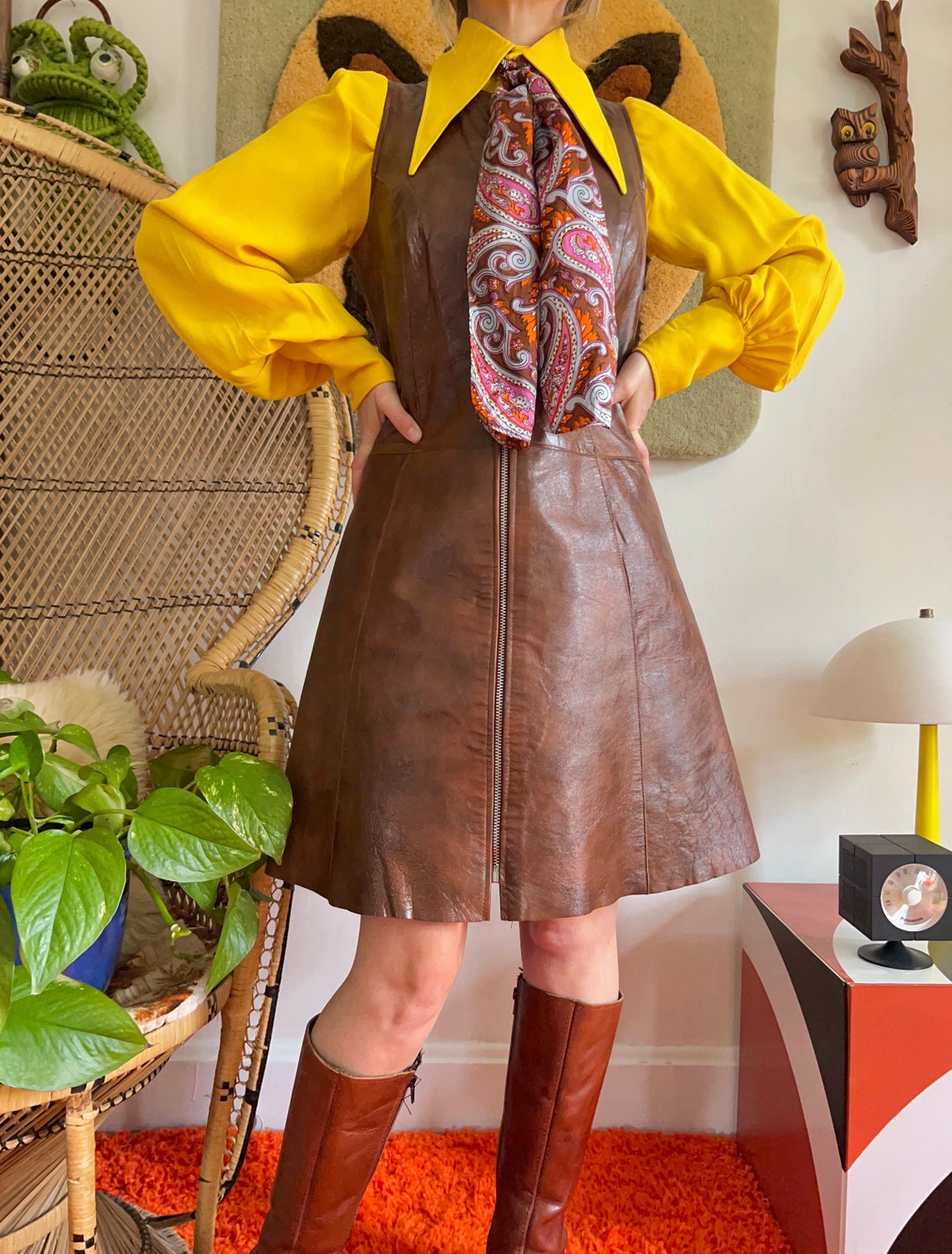 1960s Leather Mini Dress S M Mod 1960s Zip Front Pinafore Jumper