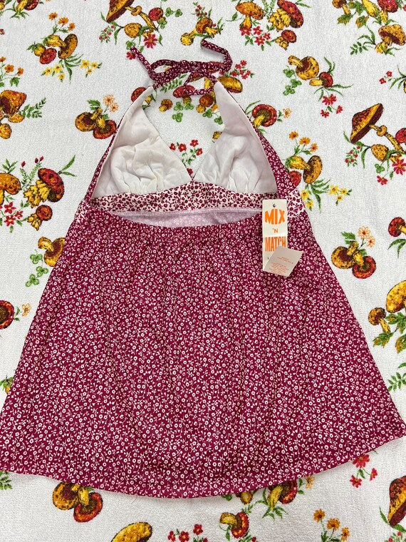 Deadstock 1970s red + white floral tankini swim top /… - Gem