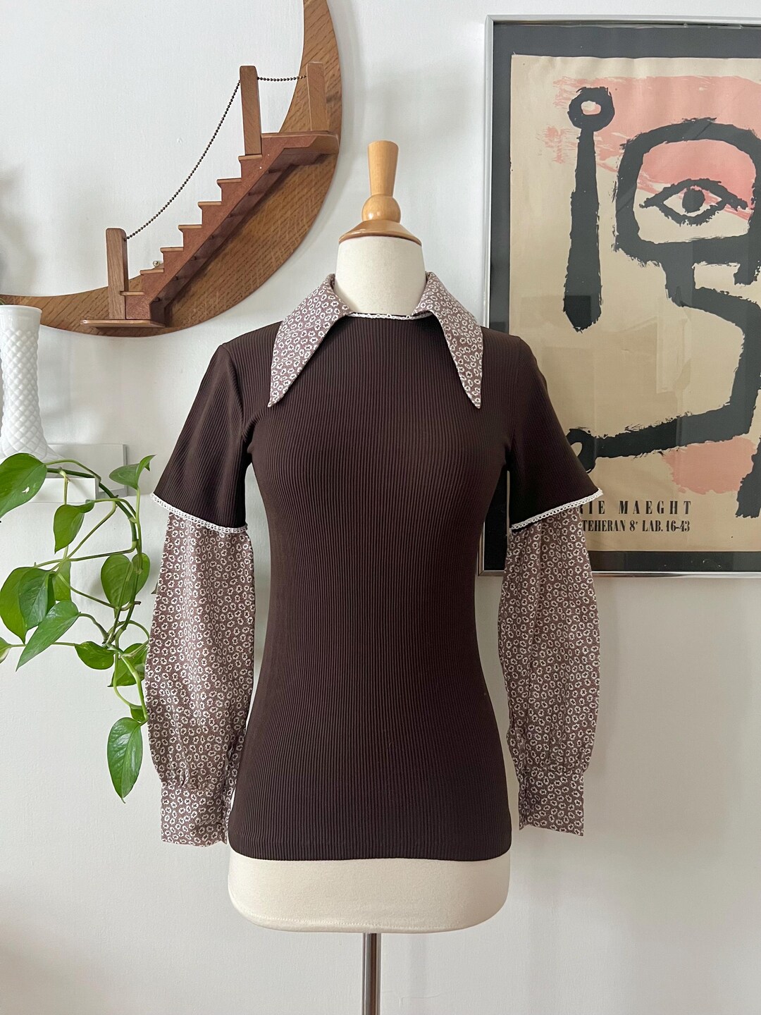1970s Dagger Collar Ribbed Shirt Bishop Sleeves // S // Vintage 70s Two ...