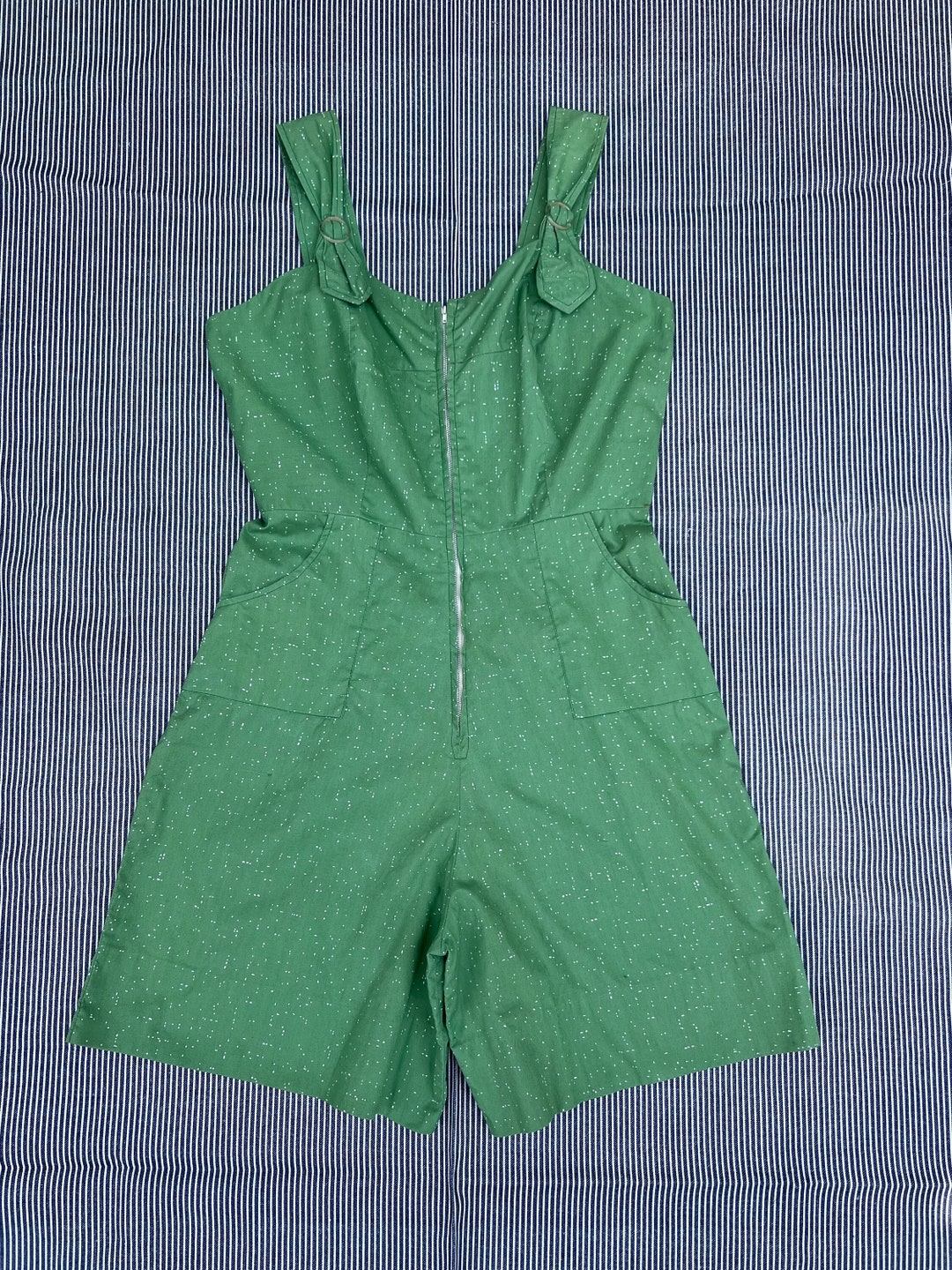 1950s Green Speckled Zip Front Romper // Med // Vintage 40s 50s Pin up ...