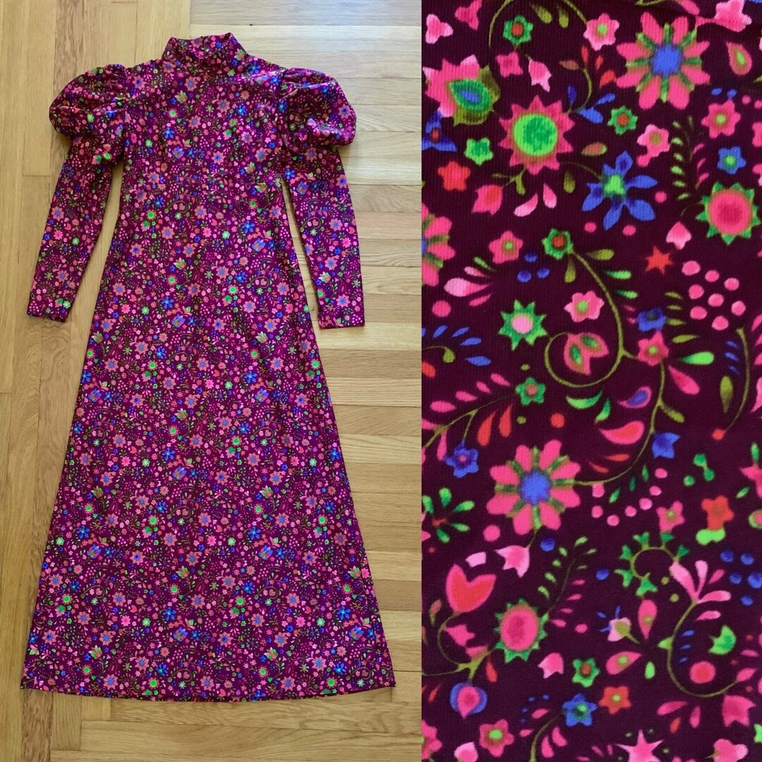 Mod 1960s Day Glo Flower Power Maxi Dress // XXS-XS // Vintage 60s 70s ...
