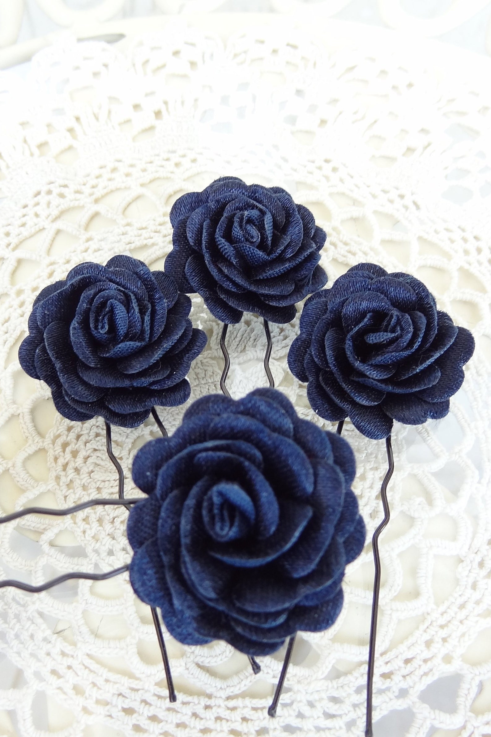 Dark Blue Satin Rose Wedding Hair Pins, Dark Blue Bridal Hair Pins ...