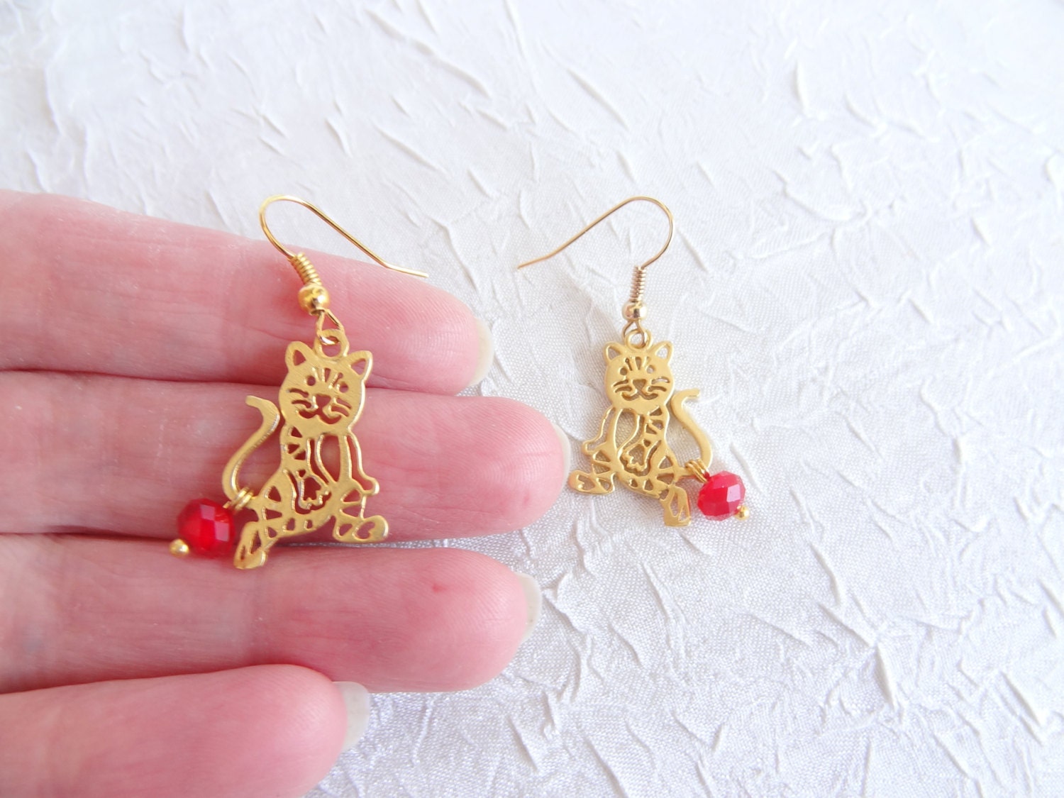 Cat Gold Earrings Cat Earrings Dangle Gold Frame Cat and Red - Etsy