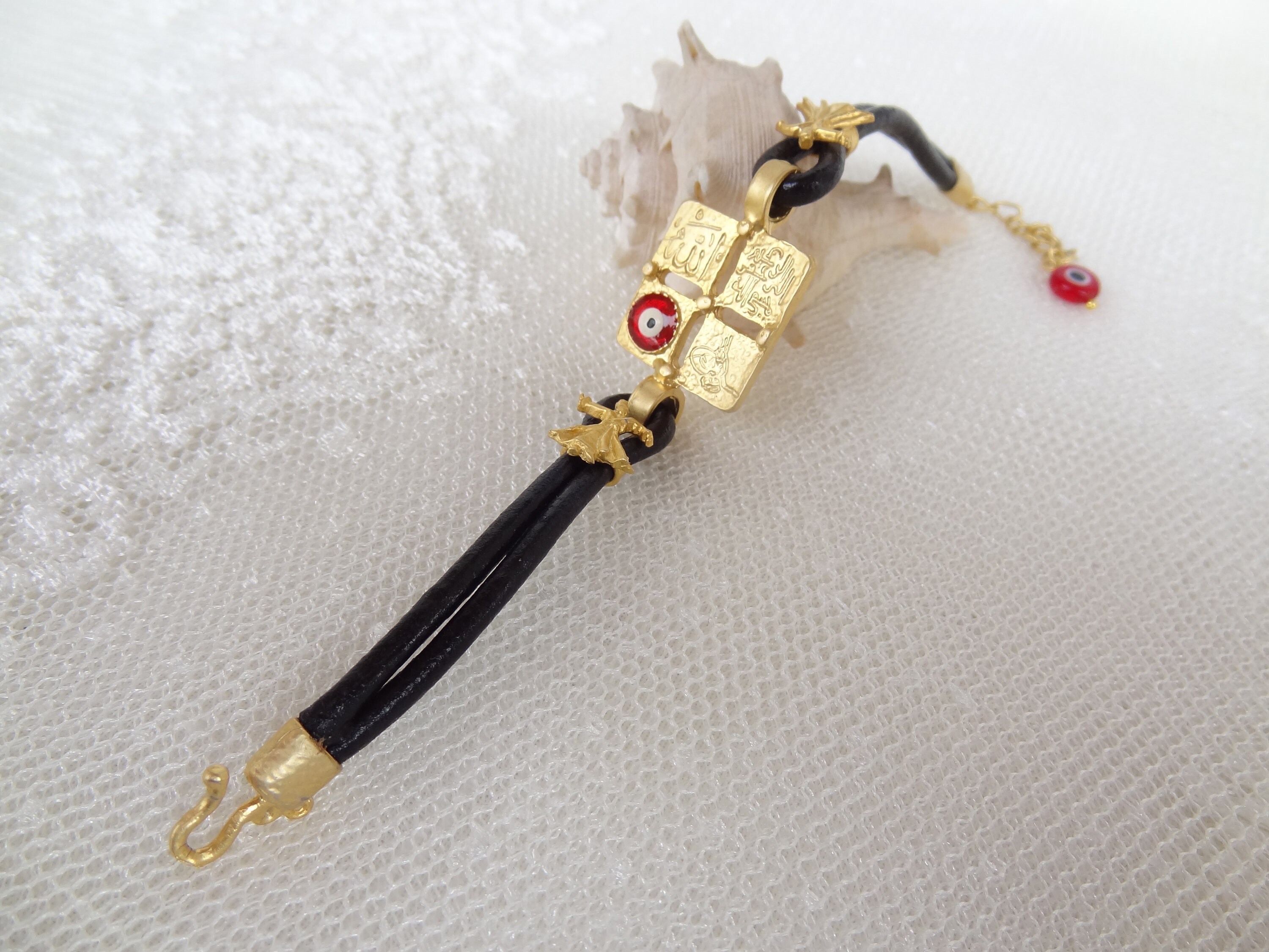 Allah Gold Bracelet Black Leather and Red Evil Eye Women for - Etsy