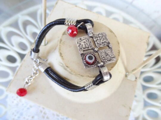 Allah Gold Bracelet Black Leather and Red Evil Eye Women for - Etsy