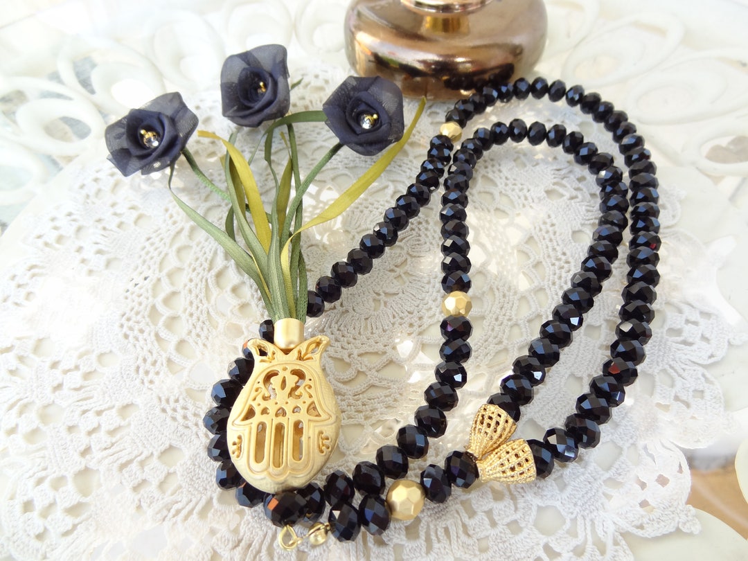 Turkish Islamic 99 Prayer Beads, Black Crystal Tesbih, Gold Hamsa ...