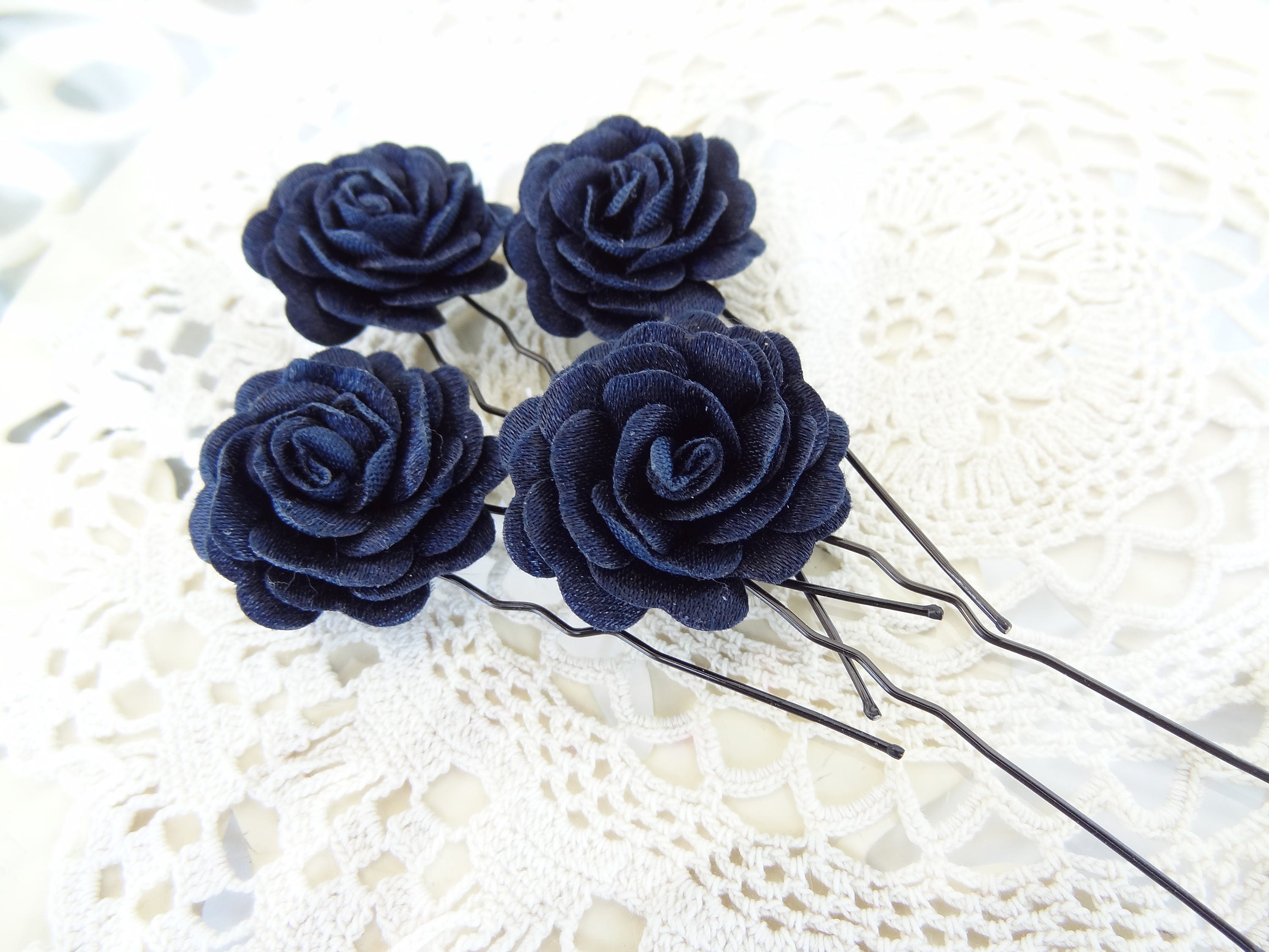 Dark Blue Satin Rose Wedding Hair Pins, Dark Blue Bridal Hair Pins ...