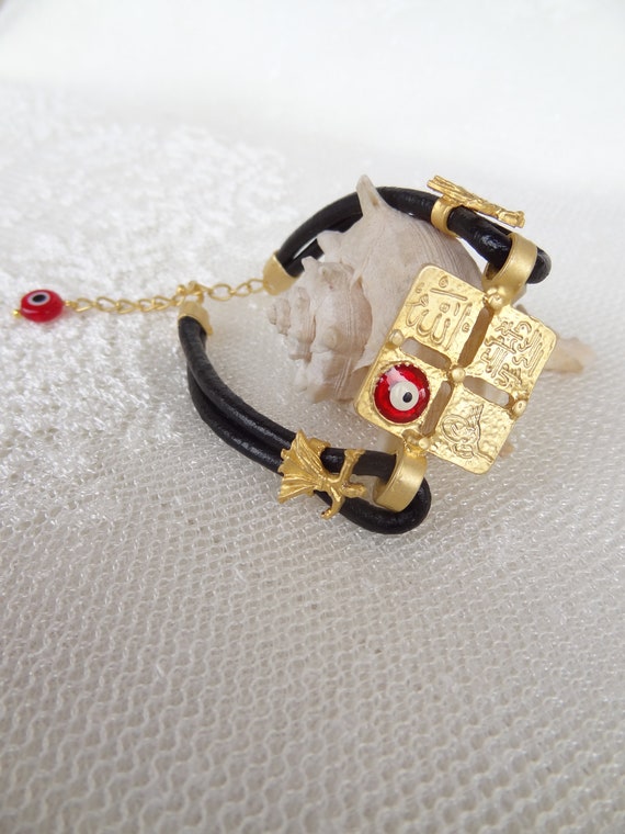Allah Gold Bracelet Black Leather and Red Evil Eye Women for | Etsy