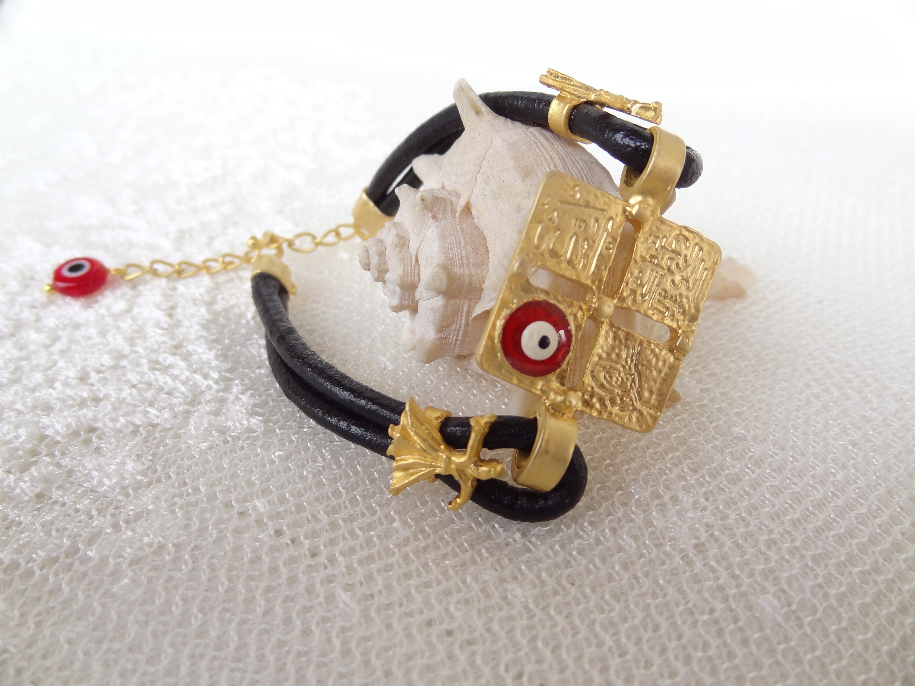 Allah Gold Bracelet Black Leather and Red Evil Eye Women for - Etsy