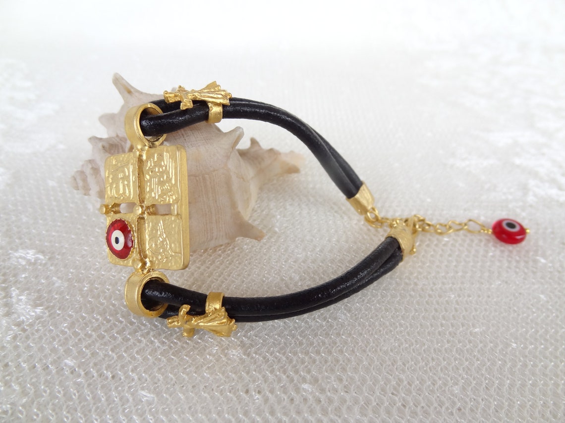 Allah Gold Bracelet Black Leather and Red Evil Eye Women for | Etsy
