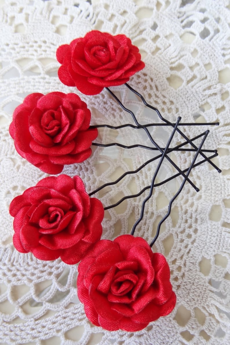 Red Satin Rose Hair Pins: Bridal Wedding Hair Accessories - Set of 4 - Etsy