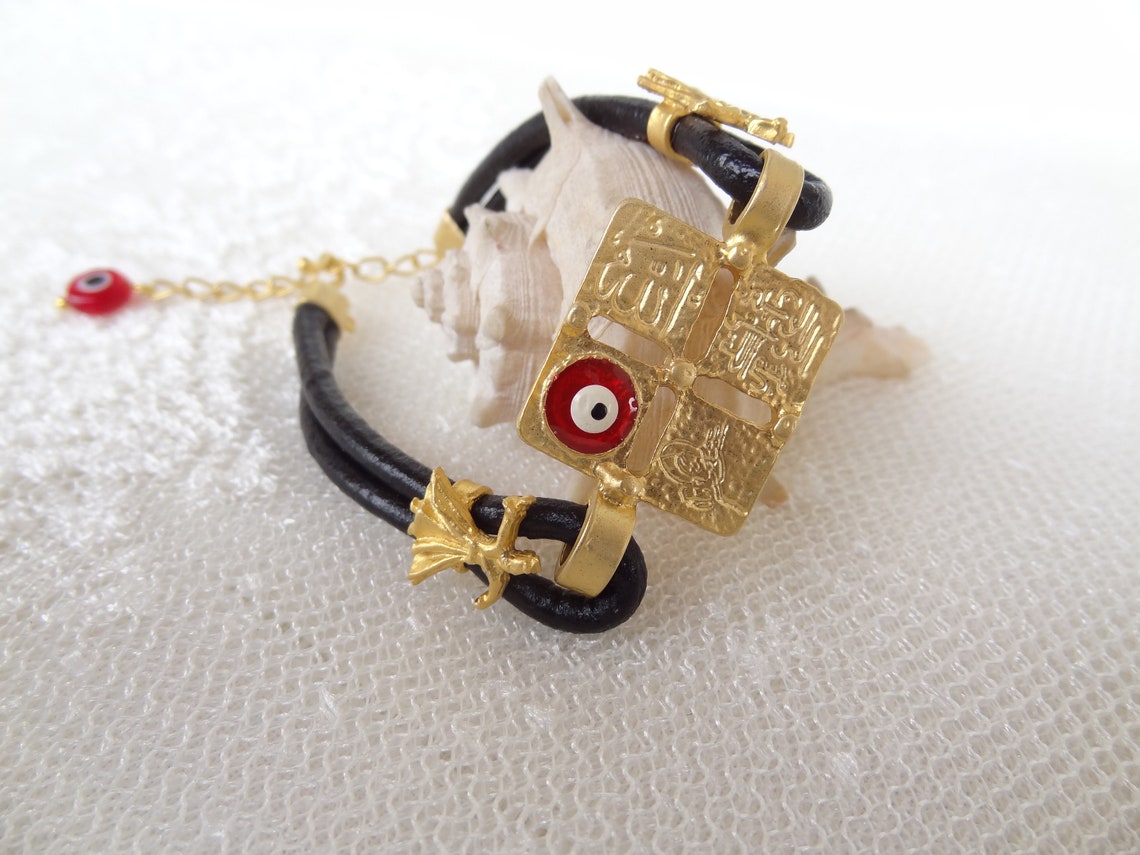 Allah Gold Bracelet Black Leather and Red Evil Eye Women for - Etsy