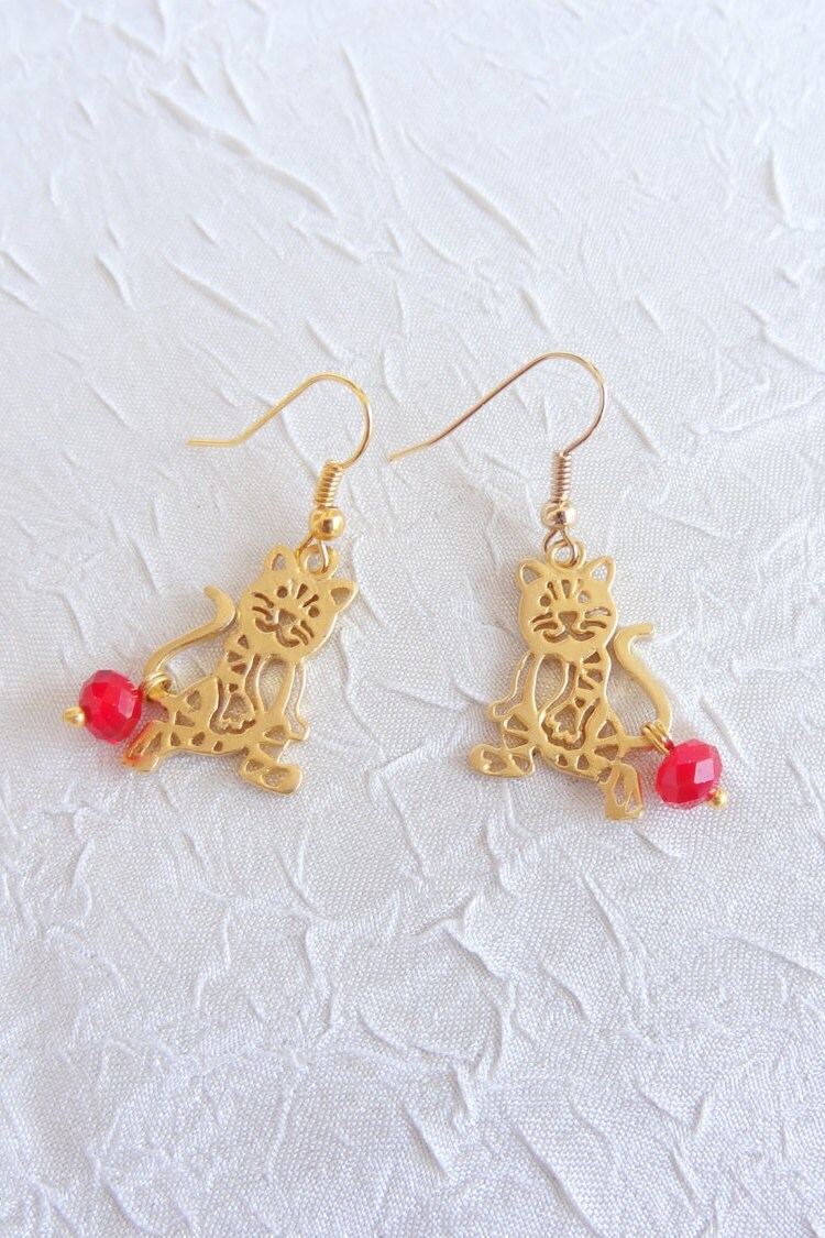 Cat Gold Earrings Cat Earrings Dangle Gold Frame Cat and Red - Etsy