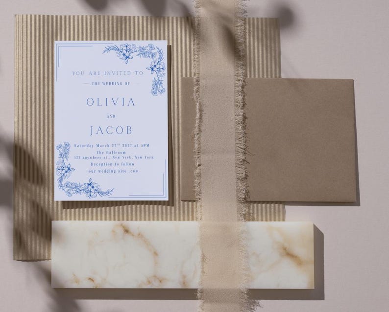 Floral Blue Wedding Invitation Suite | Editable Canva Template (digital ...