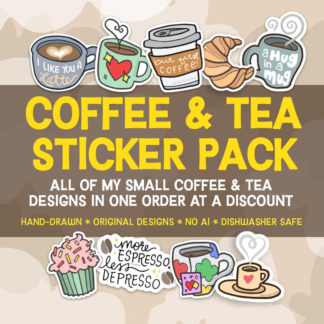 Coffee & Tea Lover Sticker Set: Hand-drawn Design, Dishwasher Safe ...