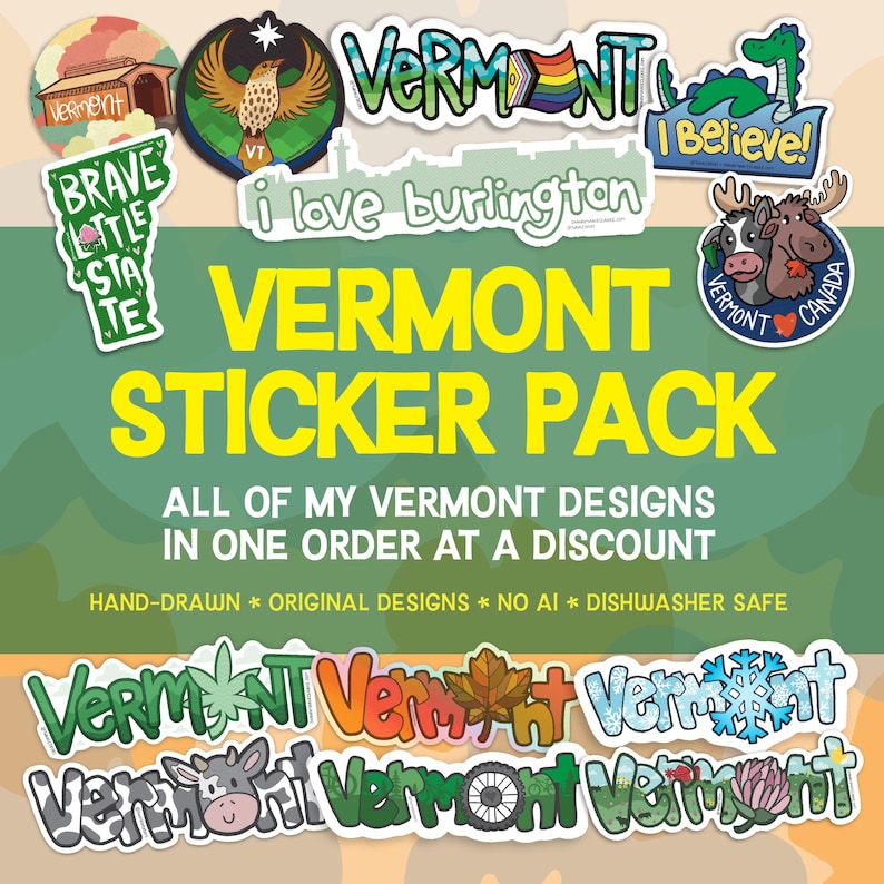 Vermont Sticker Pack: VT State Gifts, Hand-drawn Designs, Dishwasher ...