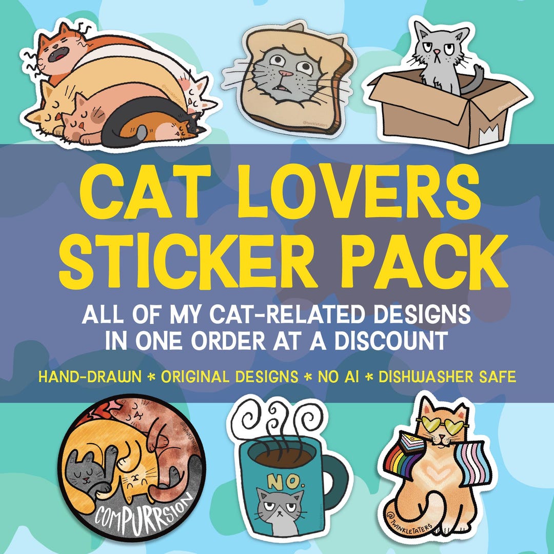 Cat Lovers Sticker Pack, Fun Cute Kitty Sticker Bundle, Dishwasher Safe ...