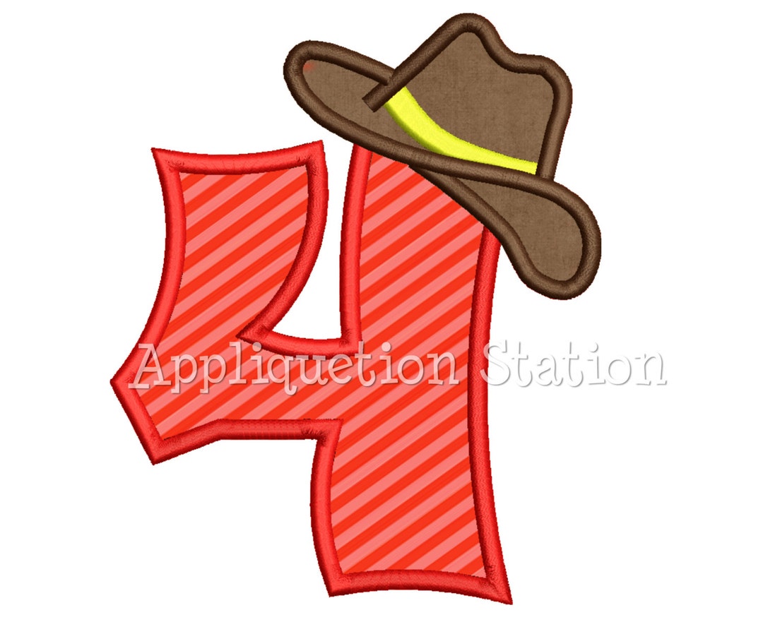 Number Four Cowboy Hat 4th Birthday Applique Machine Embroidery Design ...