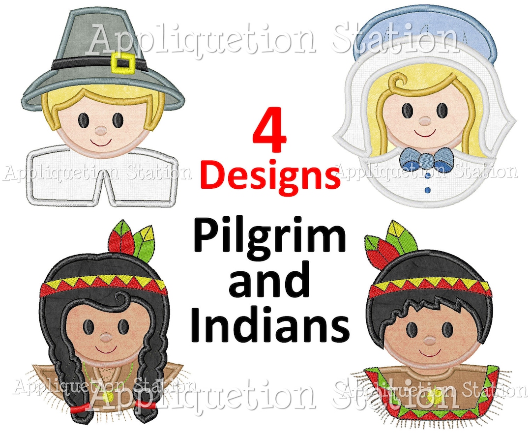 Thanksgiving Kids Pilgrim and Indians Set of 4 Applique Machine ...