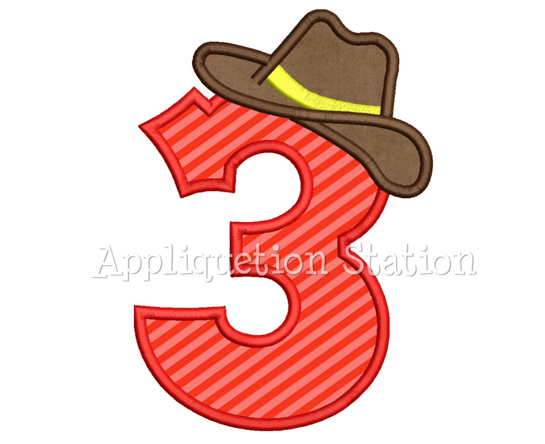 Number Three Cowboy Hat 3rd Birthday Applique Machine Embroidery Design ...